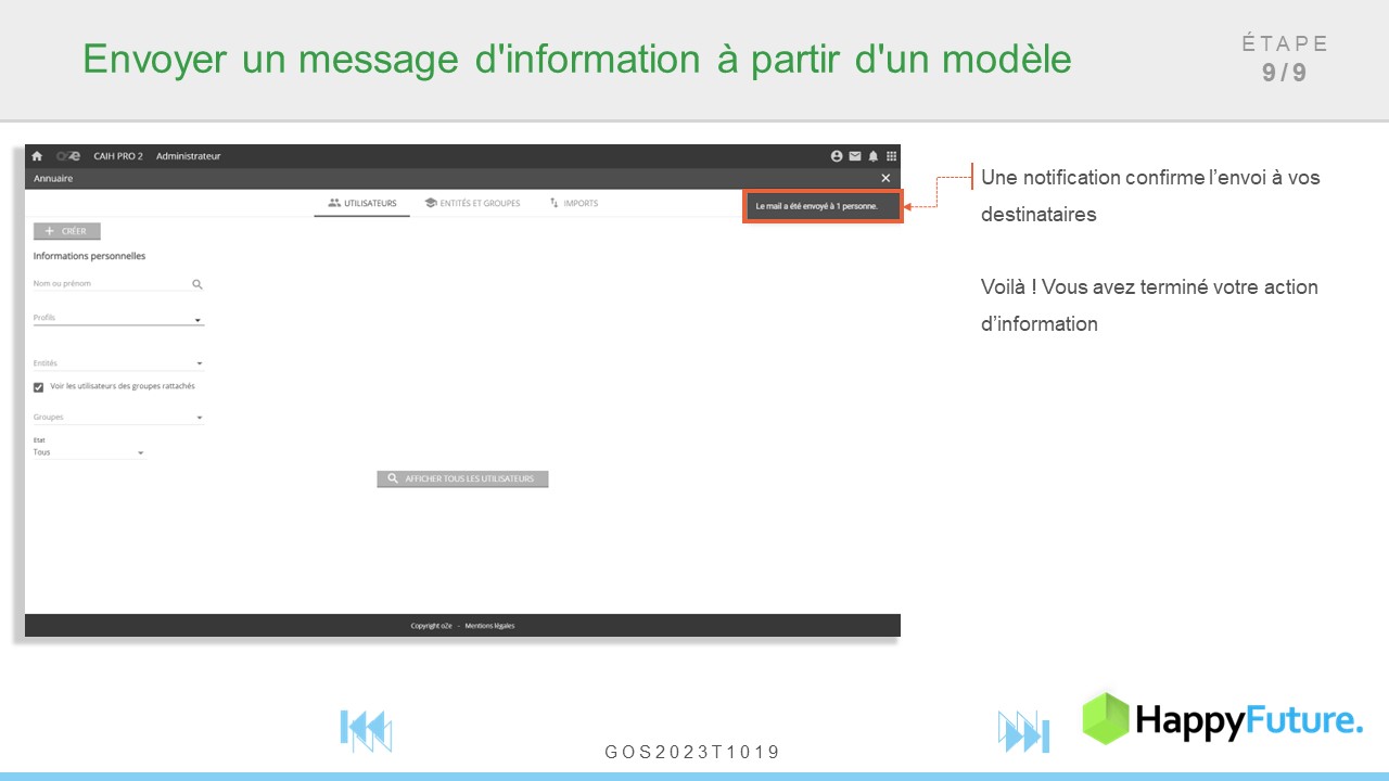 ⭐ Envoyer un message d'information à partir d'un modèle - HappyFuture