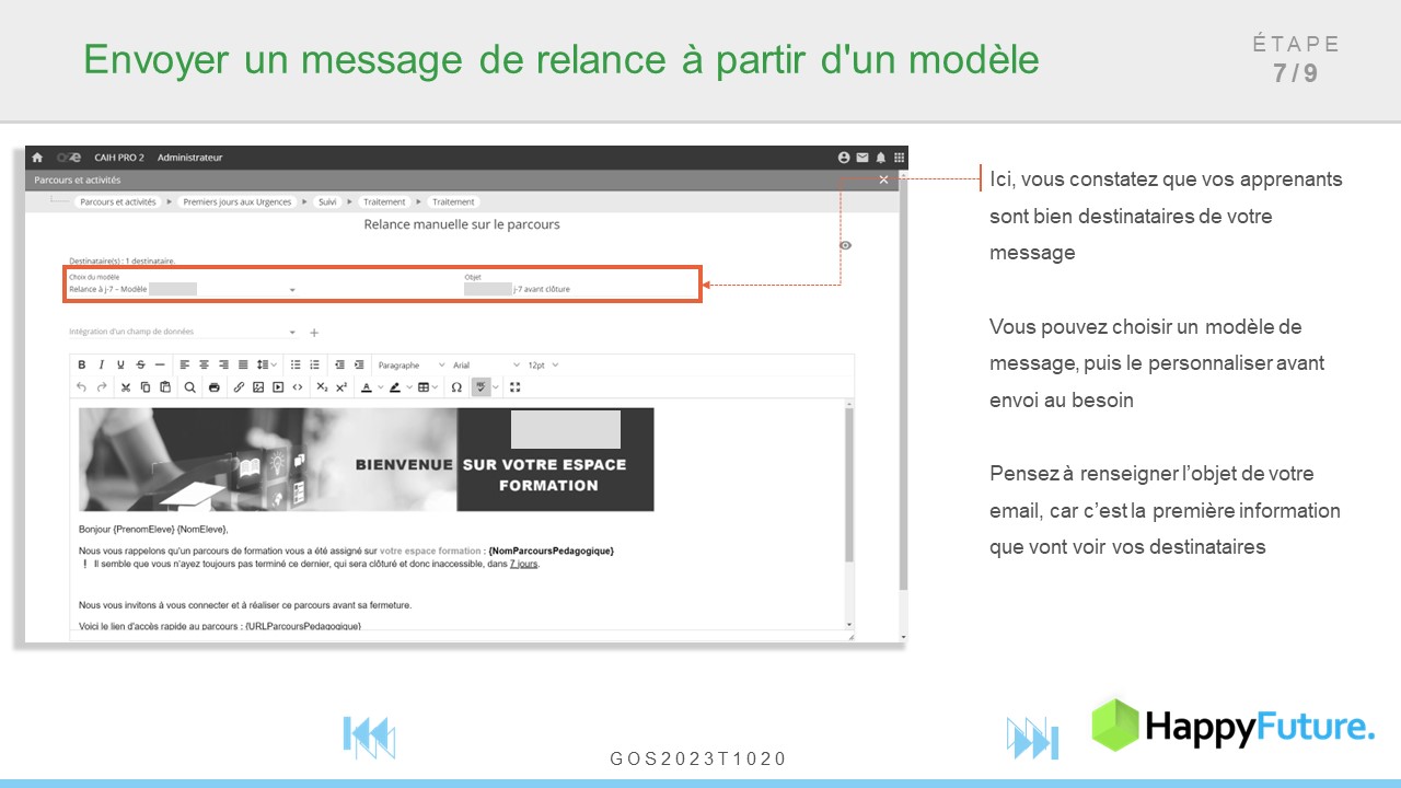 ⭐ Envoyer un message de relance à partir d'un modèle - HappyFuture