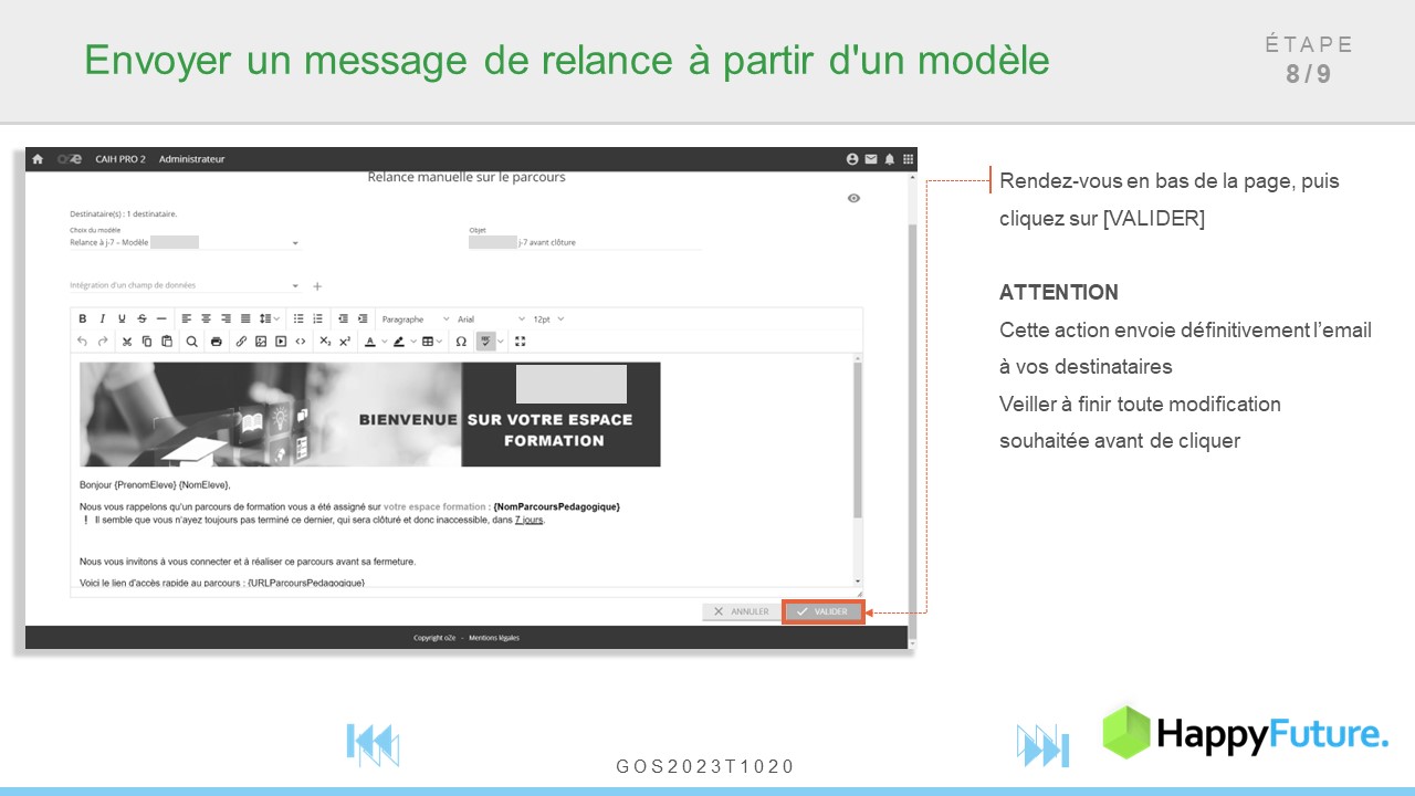 ⭐ Envoyer un message de relance à partir d'un modèle - HappyFuture